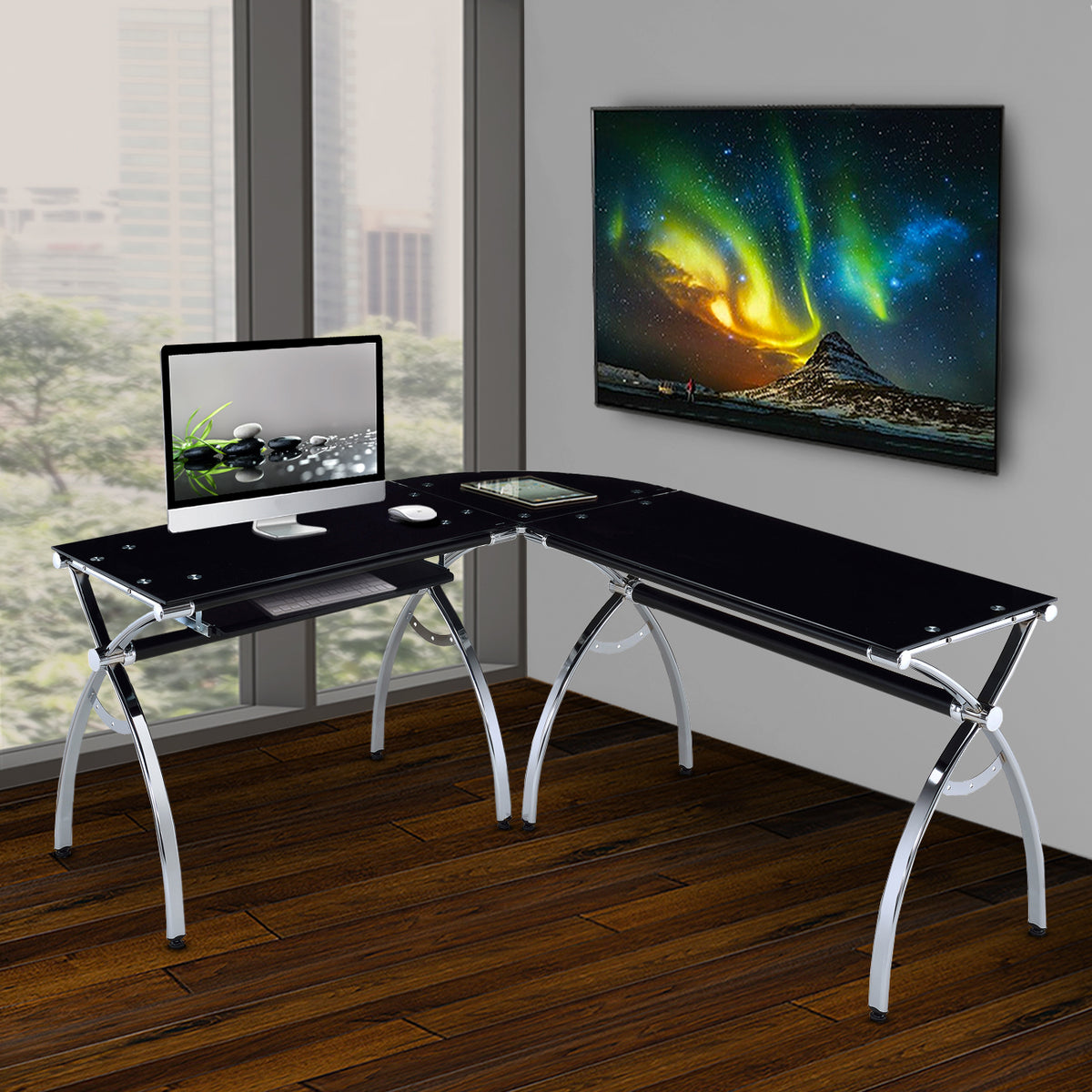 Premium L Shape Glass Desk Black Office Tailor